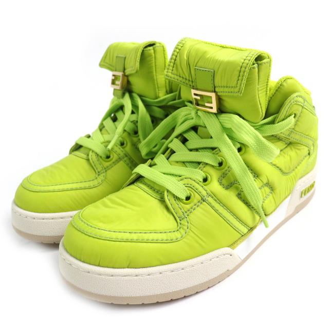 未使用品△FENDI フェンディ 8E8380 バゲットポケット付き FFロゴ レザー使い ハイカットスニーカー ライトグリーン 36 箱付き 伊製