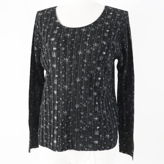 極美品◎PLEATS PLEASE プリーツプリーズ イッセイミヤケ PP23-FK341 星柄 長袖 プリーツカットソー ブラック 3 日本製 正規品 レディース