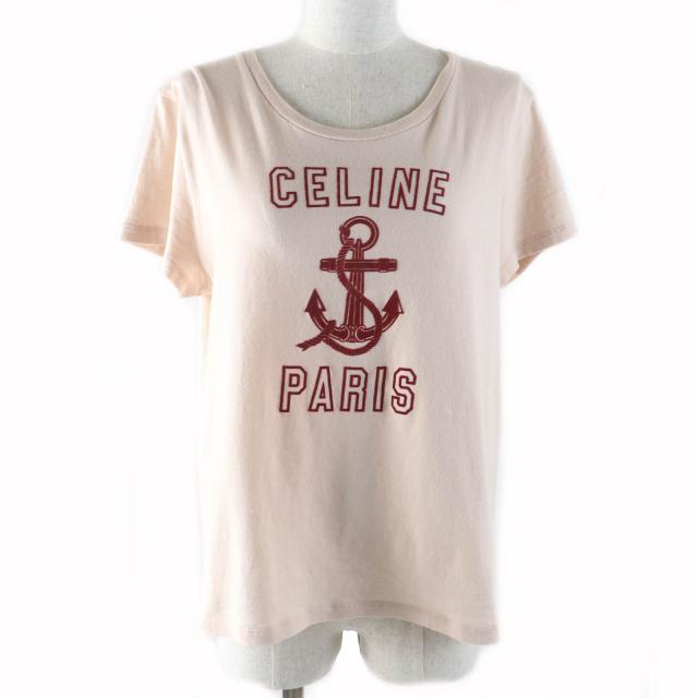美品★CELINE セリーヌ 21SS 2X586114L コットン100％ アンカーロゴ クルーネック 半袖Ｔシャツ ピンクベージュ L 正規品 レディース