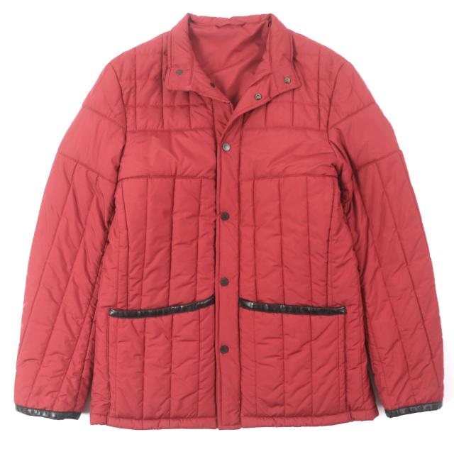 極美品▼Dunhill ダンヒル レザートリミング ロゴ入りボタン キルティング 中綿入り ジャケット レッド L 正規品 メンズ