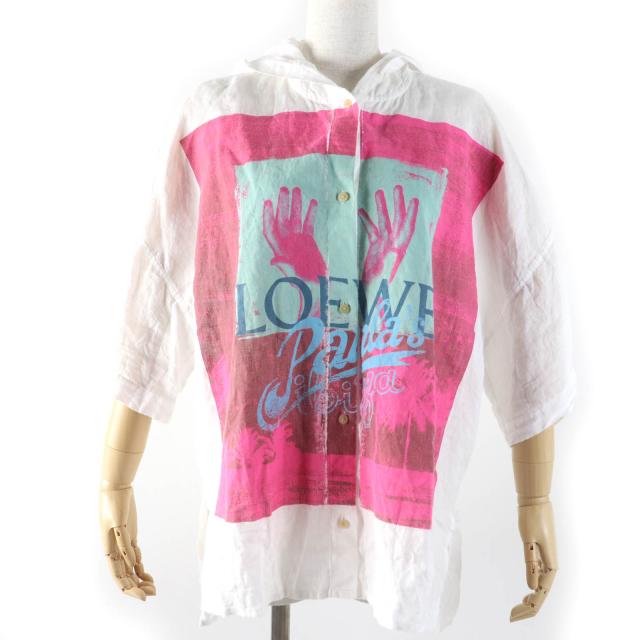 極美品☆LOEWE×Paulas Ibiza  ロエベ×パウラズイビザ S616Y07X32 リネン100％ パームプリント 半袖シャツ ホワイト 34 正規品 レディース