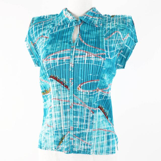 極美品◎PLEATS PLEASE プリーツプリーズ イッセイミヤケ PP43-JK582 ジェットコースター柄 半袖シャツ ライトブルー 3 日本製 正規品