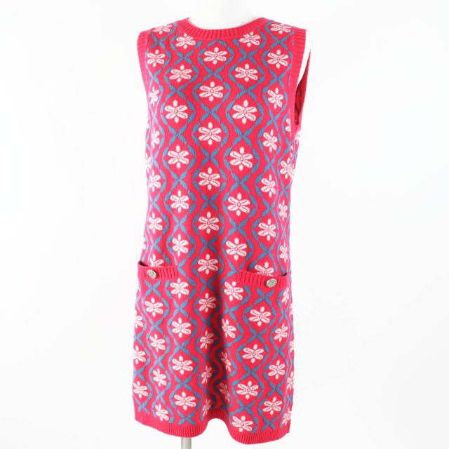 極美品◎CHANEL シャネル P55807 カシミヤ100％ ロゴボタン付き ノースリーブ ロング ニットワンピース ピンク系 38 UK製 正規品