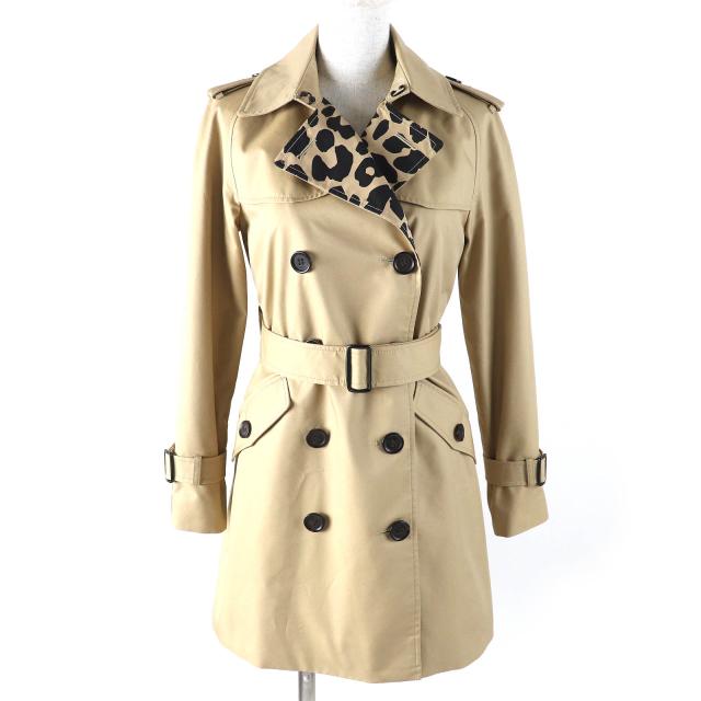 極美品△COACH コーチ F21833 コットン 裏地レオパード柄 ロゴボタン ベルト付 トレンチコート ハーフ丈 ベージュ XS 正規品 レディース