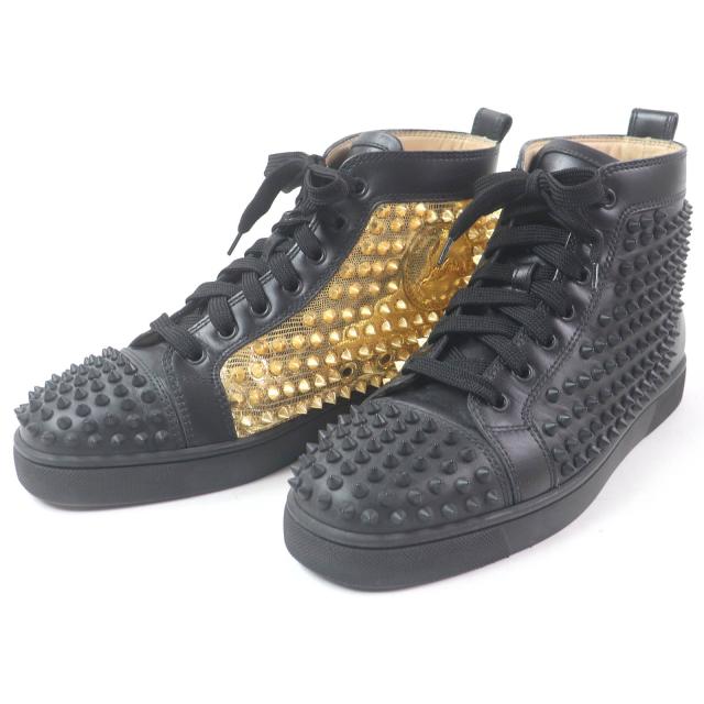 美品□Christian Louboutin クリスチャンルブタン スパイクスタッズ レザー ハイカットスニーカー ブラック ゴールド 39.5 箱付 EU製