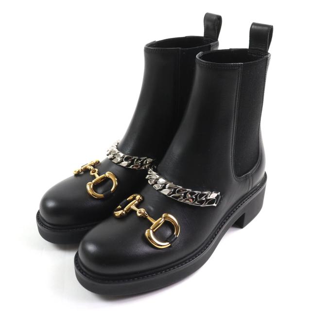 未使用品★GUCCI グッチ 670393 ホースビット チェーン装飾 レザー チェルシーブーツ ブラック 35 箱・保存袋付き イタリア製 レディース