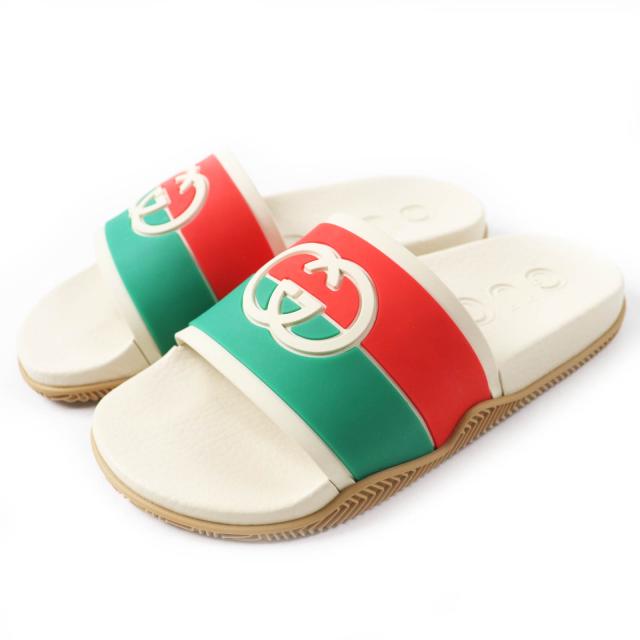 未使用品◎GUCCI グッチ 655641 インターロッキングG ラバー レザー スライドサンダル／シャワーサンダル ベージュ 緑 赤 約37 箱・袋付き