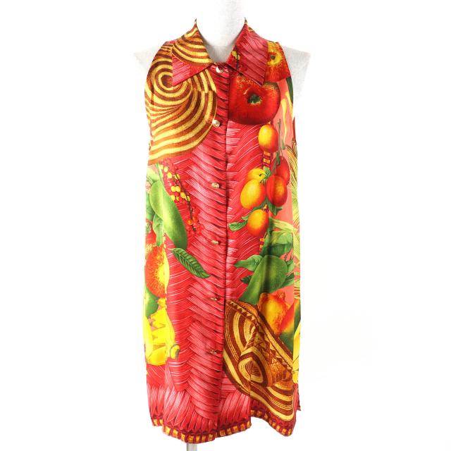 極美品△GUCCI グッチ ヴィンテージ 1994年製 シルク100％ トムフォード期 ロゴ フルーツ ノースリーブシャツ チュニック 38 伊製 正規品