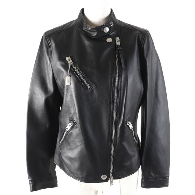 極美品△COACH コーチ F33830 アップタウンレーサージャケット ラムレザー スタンドカラー シングル ライダースジャケット 黒 S 正規品