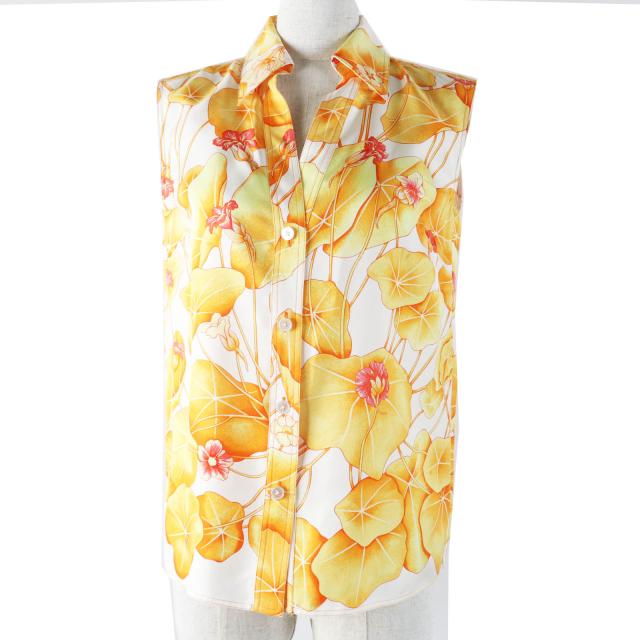 極美品◎HERMES エルメス ヴィンテージ Les Capucines 金蓮花 シルク100％ マルジェラ期 ベスト オレンジ 36 仏製 正規品 レディース