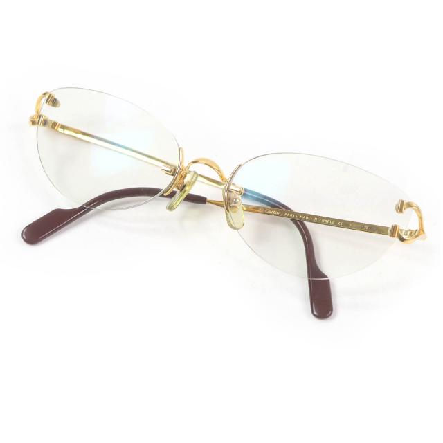 美品□Cartier カルティエ Cロゴ ツーポイント リムレス メガネ 眼鏡 アイウェア ゴールド ボルドー □18 度入り フランス製 メンズ