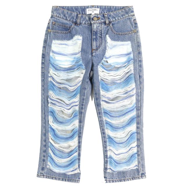 極美△CHANEL シャネル P60217V46019 コットン ココマークボタン ダメージチュール クロップド デニムパンツ インディゴブルー 34 正規品