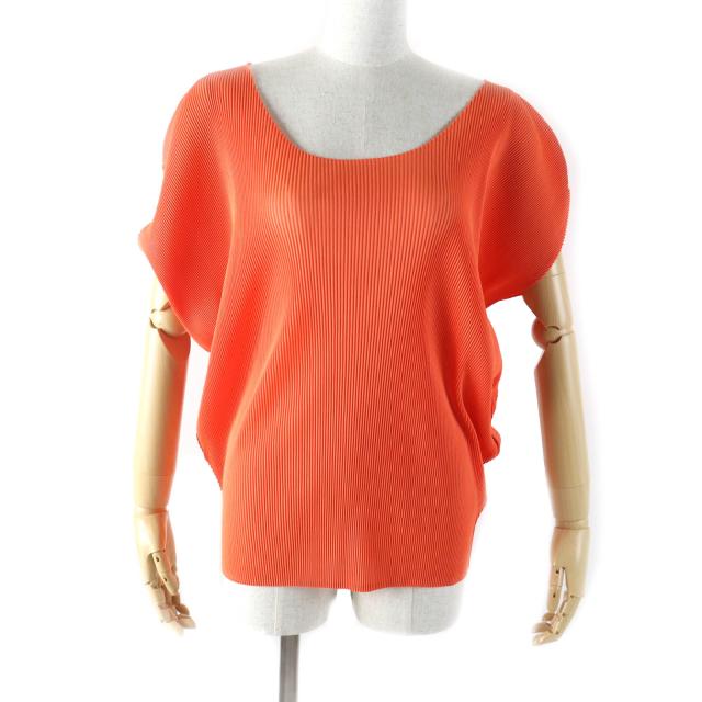 極美品★PLEATS PLEASE プリーツプリーズ イッセイミヤケ PP11-FK794 プリーツ クルーネック 半袖 カットソー オレンジ 3 日本製 正規品