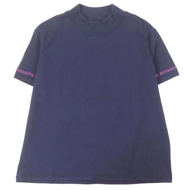 美品□HERMES エルメス 23SS 3E4621DL カルトゥッシュ シェーヌダンクル モックネック 半袖Ｔシャツ ネイビー 34 フランス製 正規品