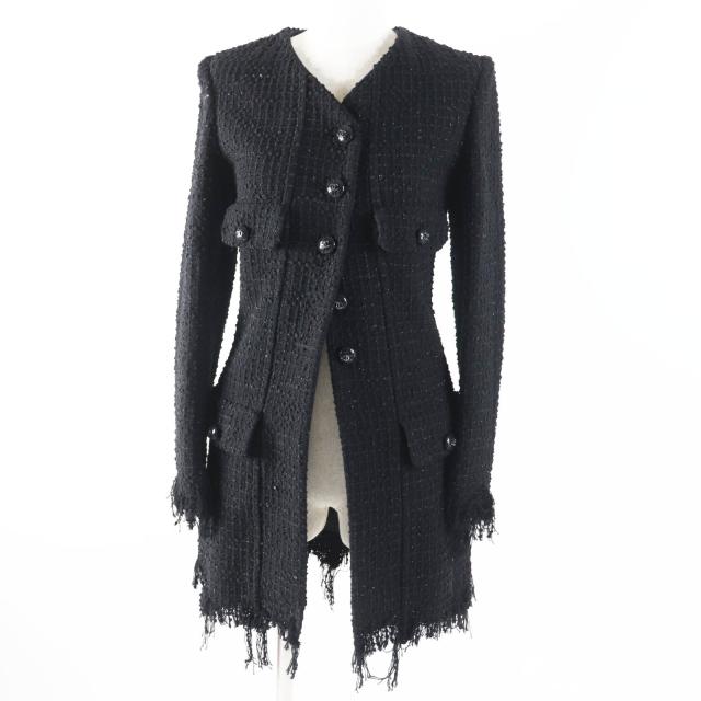 極美品◎CHANEL シャネル 22C P71826 ランウェイ着 ラインストーンココボタン イリディッセントツイード コート ブラック ラメ 34 正規品