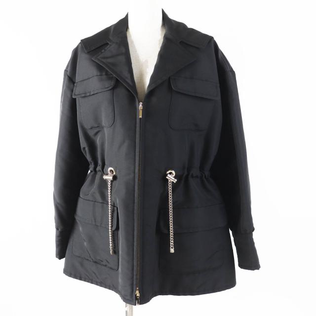 極美品◎CHANEL シャネル 23B P75490 シルク100％ ココマークチェーン ジップアップ パーカー／ジャケット ブラック ゴールド金具 34 伊製