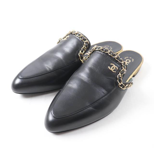 未使用品★CHANEL シャネル 19A G34926 ココマーク チェーン装飾 ポインテッドトゥ レザー ミュール ブラック ゴールド金具 37.5 箱付き