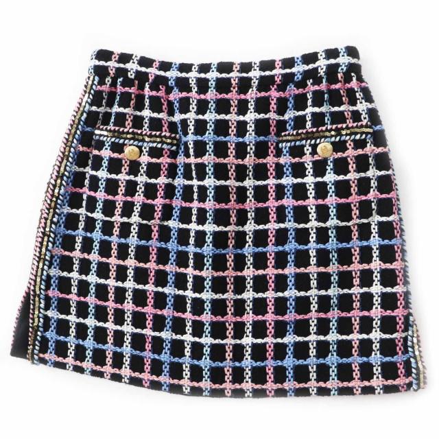 極美品◎CHANEL シャネル 22SS P72501 ランウェイ着用 ココマークボタン スパンコール 台形 ツイードスカート ブラック マルチ 38 正規品