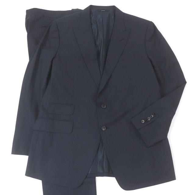 美品□TOM FORD トムフォード ウール 裏地シルク混 ストライプ柄 ピークドラペル シングルスーツ ダークネイビー 56 イタリア製 正規品