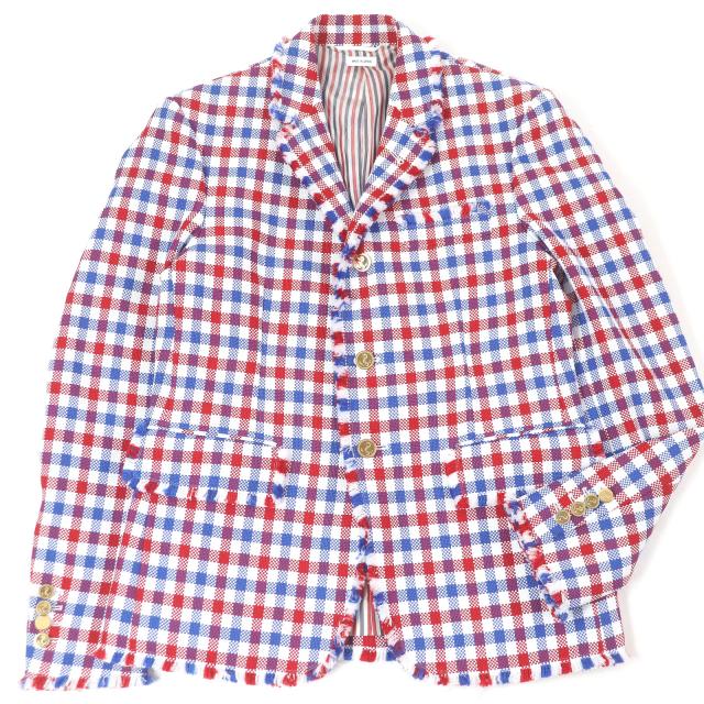 極美品□THOM BROWNE トムブラウン ギンガムチェック フリンジデザイン シングル テーラードジャケット レッド ブルー 2 日本製 正規品