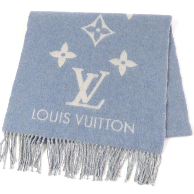 良品□LOUIS VUITTON ルイヴィトン M75704 エシャルプ・レイキャビック カシミヤ100% フリンジマフラー ライトブルー イギリス製 正規品