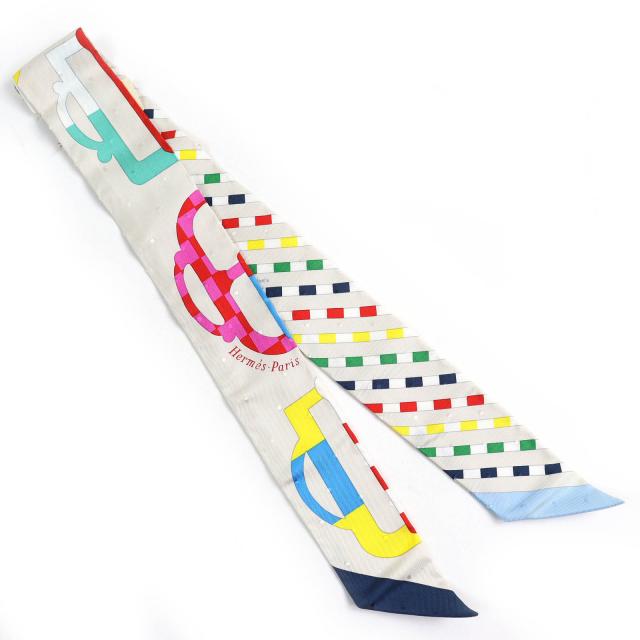 未使用品△HERMES エルメス BOVCLERIE MODERNE モダンなバックル シルク100％ クレ/ブルー/ルージュ スカーフ 箱付き 仏製 レディース