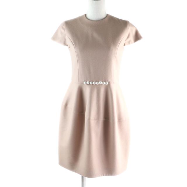 美品★YOKO CHAN ヨーコチャン YCD-520-542 ウール100％ Fパール装飾 フレンチスリーブ バルーンワンピース ピンクベージュ 38 正規品