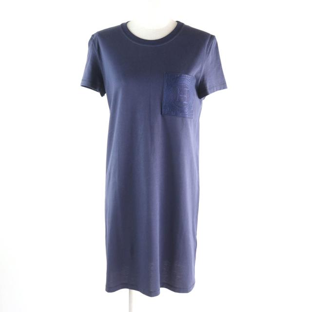 極美品★HERMES エルメス 23SS 3E4509DL コットン100％ Hロゴ刺繍入り ポケット付 クルーネック 半袖 ワンピース ネイビー 36 正規品