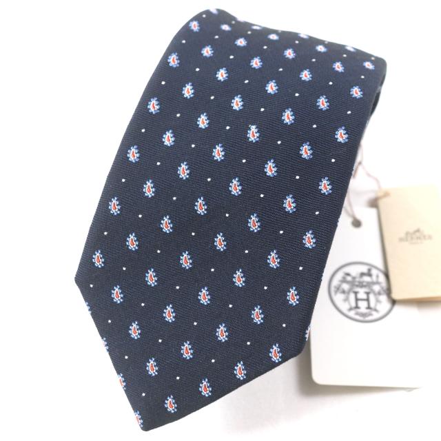 未使用品▼HERMES エルメス 2020年製 349289T シルク63% ANTHRACITE/CIEL/ORANG クラヴァット ペイズリー ドット ネクタイ 7cm 箱付き
