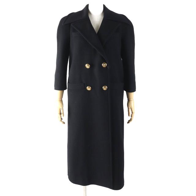 極美品△GUCCI グッチ 22SS 669523 ウール ロゴ金ボタン バックプリーツ 七分袖 ダブルブレスト ロングコート ブラック 38 伊製 正規品