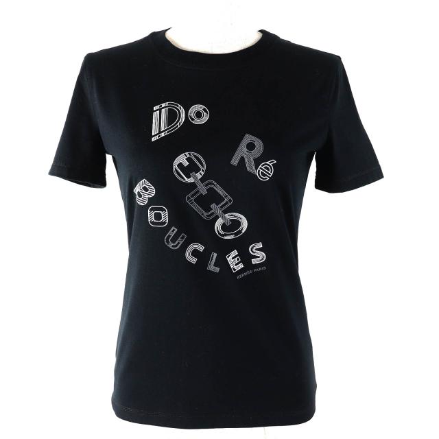 極美品△HERMES エルメス 3H4611DL Do Re Boucles ド・レ・ブックル コットン100％ クルーネック 半袖Ｔシャツ ブラック 34 仏製 正規品