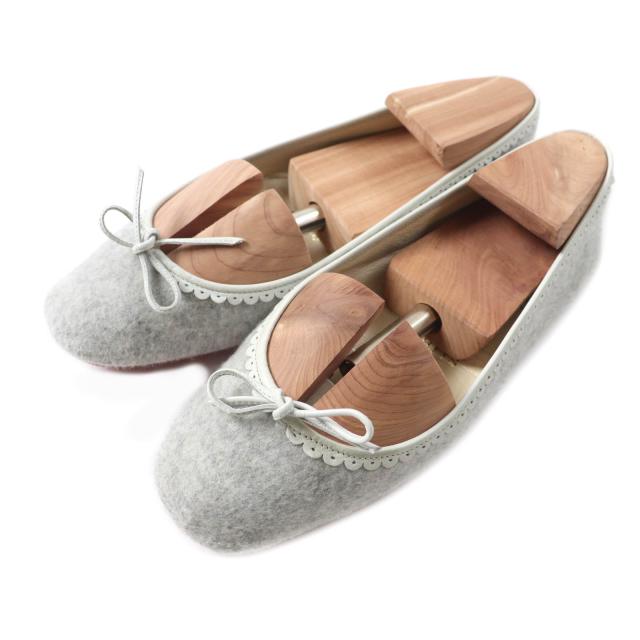 美品★Christian Louboutin クリスチャンルブタン レザー使い リボンデザイン フェルト スリッパ ルームシューズ グレー 35 保存袋付き