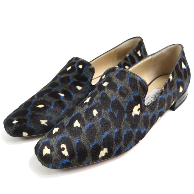 未使用品△JIMMY CHOO ジミーチュウ JAIDA FLAT レオパードプリント ホースヘアー フラットシューズ ローファースリッポン ブラウン 36