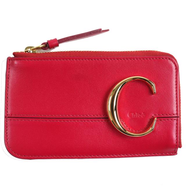未使用品△Chloe クロエ CHLOEC クロエC L字ファスナー スモール パース レザー フラグメントケース ケース レッドピンク系 袋付き