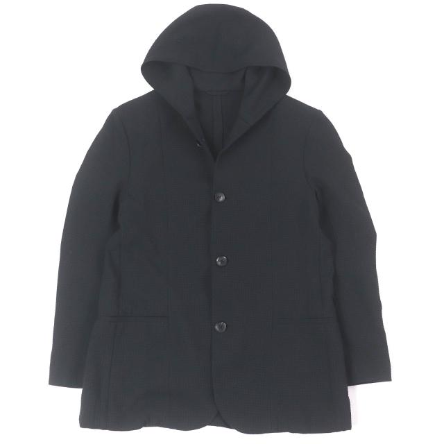 極美品□EMPORIO ARMANI エンポリオ アルマーニ 黒タグ サッカー地 フーデッド ブルゾンジャケット ブラック 54/M〜L相当 正規品