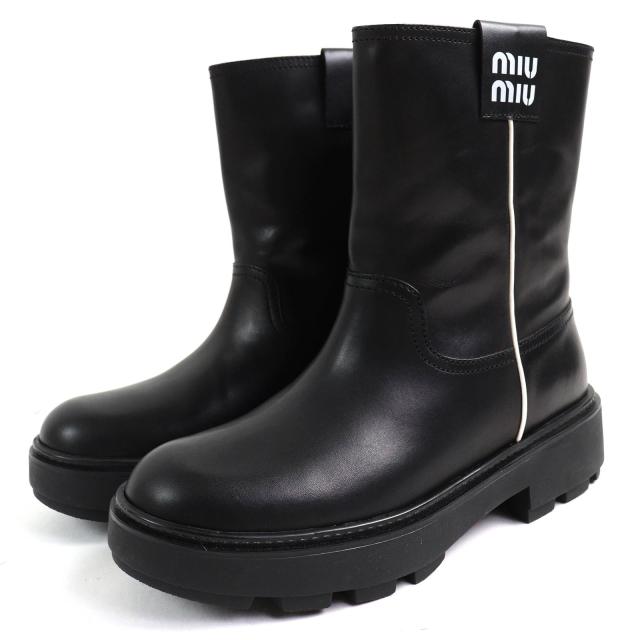 未使用品△MIUMIU ミュウミュウ 5U613D サイドロゴプリント ライン レザー ショートブーツ アンクルブーツ ブラック 39 伊製 レディース