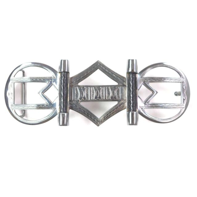 美品▼HERMES エルメス トゥアレグ 手彫り彫刻デザイン クロムカラー レザー使い ベルトバックル 925 ガンメタリック 袋付き 重量74.7g