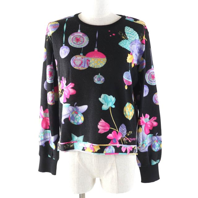 美品★LEONARD SPORT レオナールスポーツ ウール100％ 花柄 ロゴ刺繍入り クルーネック 長袖 ニット マルチ 42 日本製 正規品 レディース