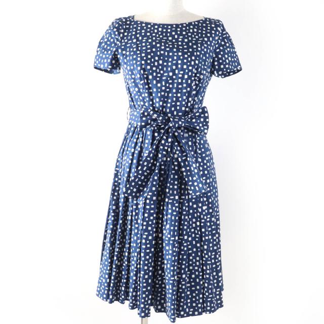 極美品☆PRADA プラダ コットン 美シルエット ベルト付 プリーツ 半袖 ワンピース ネイビー 40 正規品 レディース