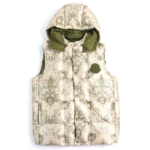極美品△MONCLER GENIUS 2 モンクレール ジーニアス 2 22SS RABEH ロゴワッペン 総柄デザイン フード付き ダウンベスト 1 正規品 メンズ