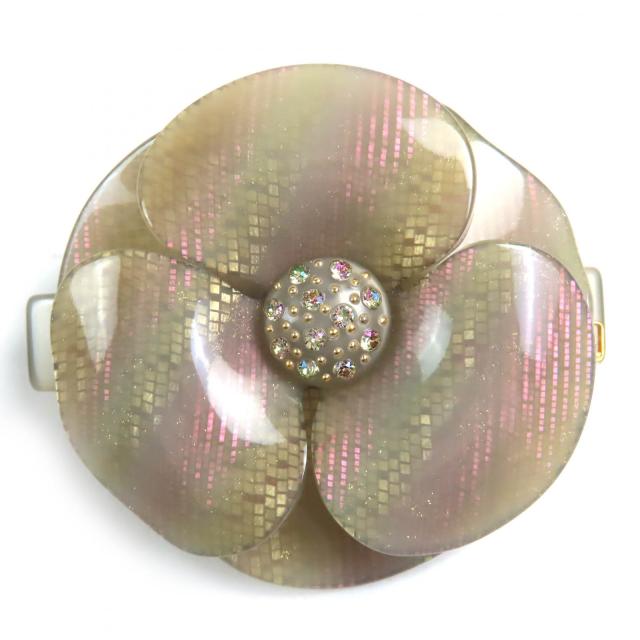 極美品△ALEXANDRE DE PARIS アレクサンドル ドゥ パリ スワロフスキー クリスタル カメリア 髪留め バレッタ グレージュ ピンク系 仏製