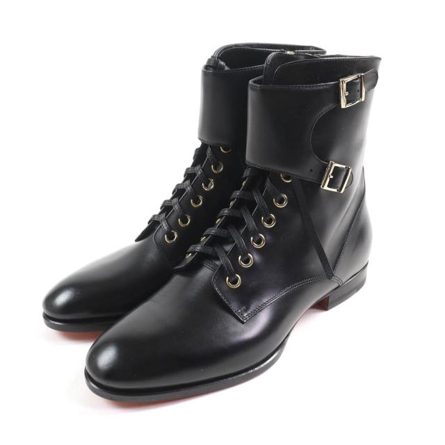 未使用品★Santoni サントーニ サイドジップ ダブルバックル レースアップ レザー ショートブーツ ブラック 36 箱付き 定価155000円
