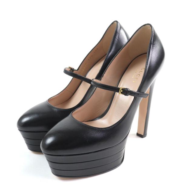 未使用品★GUCCI グッチ 750490 ベルトデザイン アーモンドトゥ 厚底 レザー パンプス ブラック 37.5 イタリア製 レディース