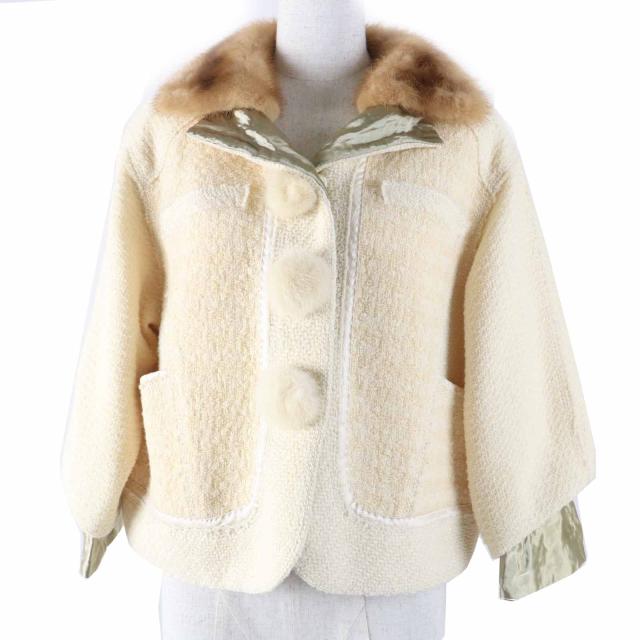 美品◎LOUIS VUITTON ルイヴィトン ウール100％ 裏シルク 襟・ボタンミンク ジャケット アイボリー 36 フランス製 正規品 レディース