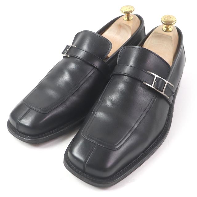 良品□HERMES エルメス ヴィンテージ アピ Hロゴバックル ベルト スクエアトゥ レザー ローファー ブラック 40.5 イタリア製 メンズ