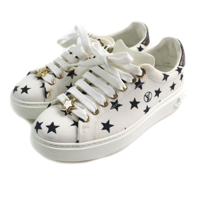 美品★LOUIS VUITTON ルイヴィトン 2022年製 タイムアウト・ライン モノグラムレザー使い スター キャンバス スニーカー ホワイト 35