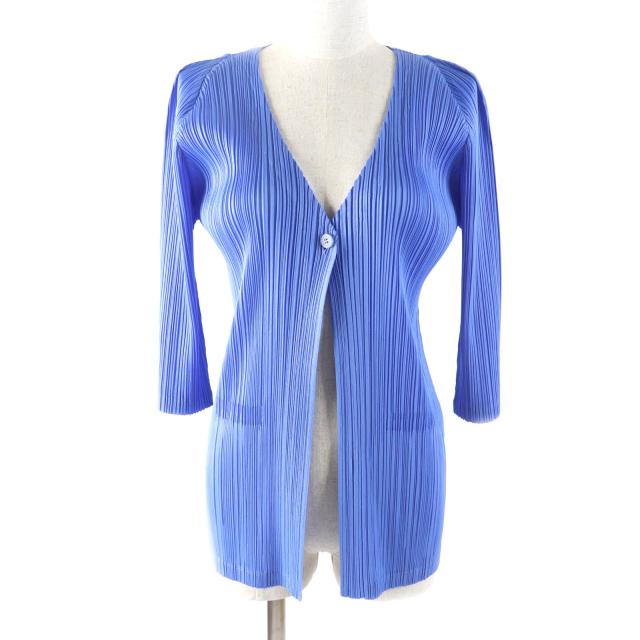 美品★PLEATS PLEASE プリーツプリーズ イッセイミヤケ PP03-J0127 ロゴボタン付 Vネック 七分袖 プリーツ カーディガン ライトブルー
