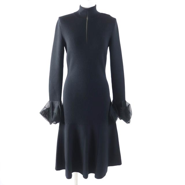 未使用品★AKRIS アクリス シルク混 袖チュール切替 ロング丈 ニットワンピース ドレス ブラック 34 正規品 レディース 定価368500円