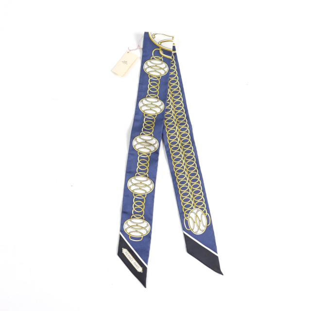 極美品★HERMES エルメス ツイリー Lift Profile リフト プロフィール シルク100％ MARINE/NOIR/GOLD スカーフ 箱付き 仏製 レディース