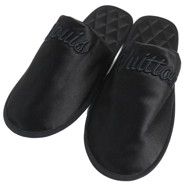 極美品△LOUIS VUITTON ルイヴィトン LVスイートライン ロゴ刺繍 サテン スリッパ ルームシューズ ブラック 38-39 保存袋付き イタリア製